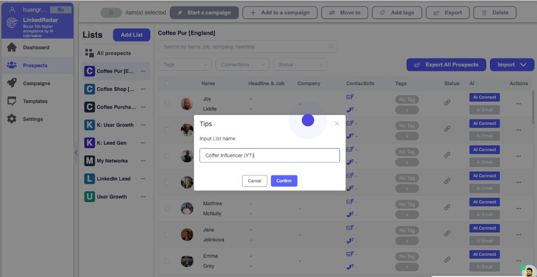 Create a new list and move prospects to it